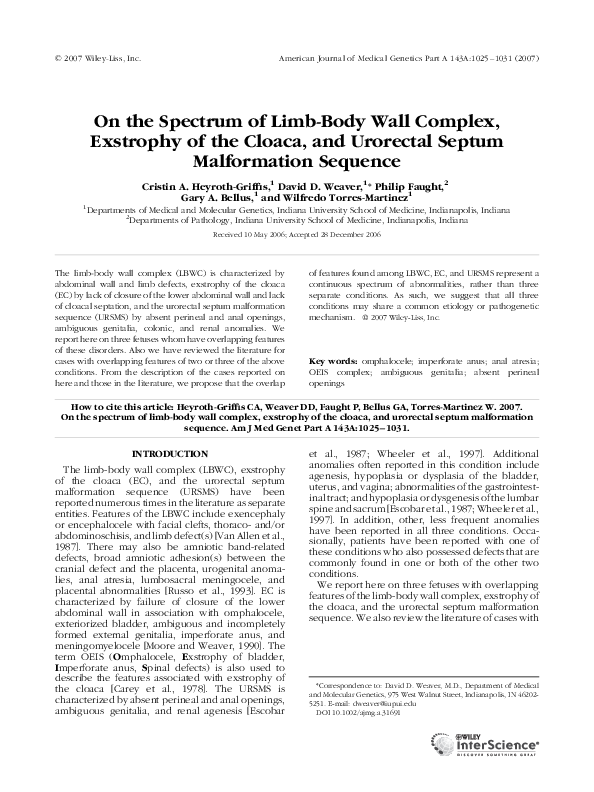 (PDF) On the spectrum of limb-body wall complex, exstrophy of the ...