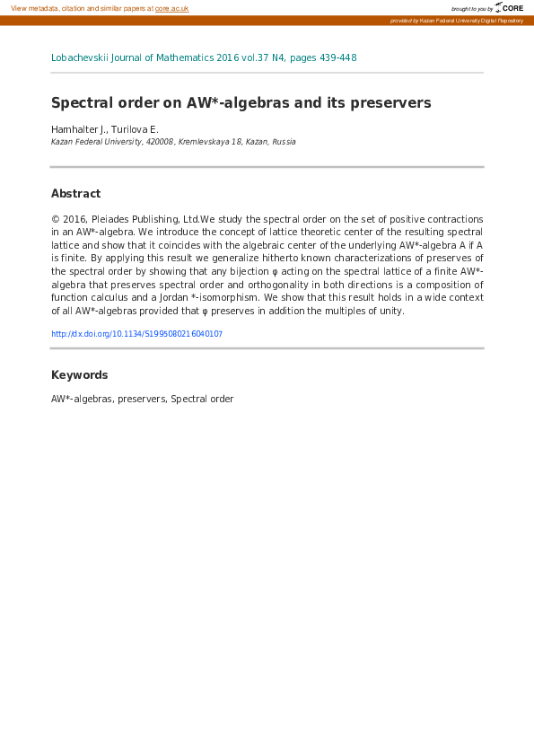 Pdf Spectral Order On Aw Algebras And Its Preservers Jan Hamhalter