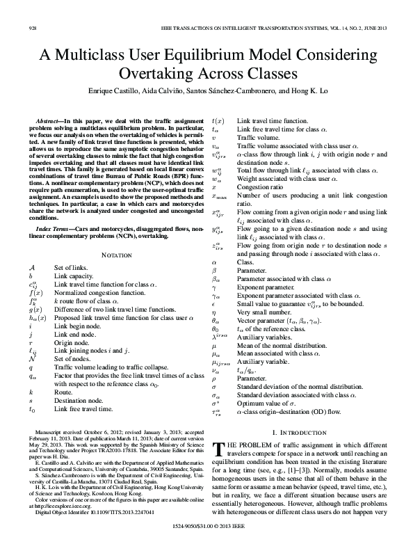 Pdf A Multiclass User Equilibrium Model Considering Overtaking Across
