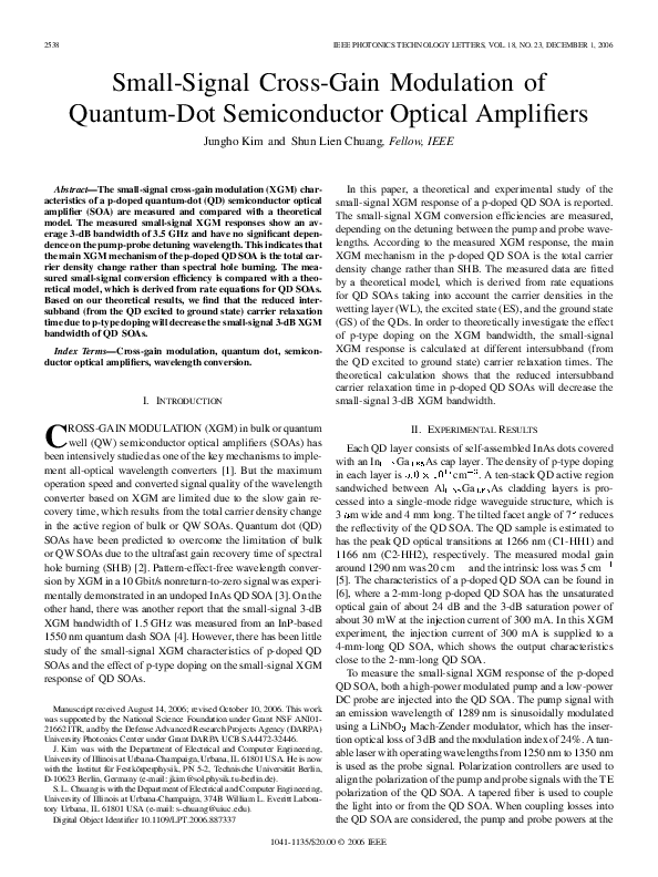 Pdf Small Signal Cross Gain Modulation Of Quantum Dot Semiconductor Optical Amplifiers Rene