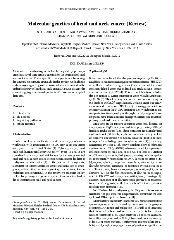 (PDF) Molecular genetics of head and neck cancer (Review)