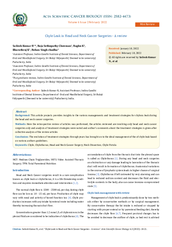 (PDF) Chyle Leak in Head and Neck Cancer Surgeries - A review