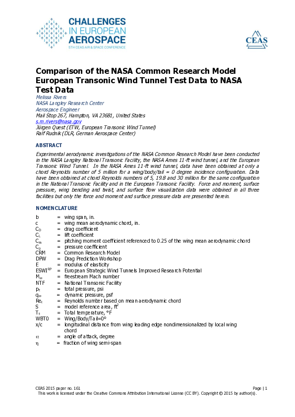 (PDF) Comparison of the NASA Common Research Model European Transonic ...