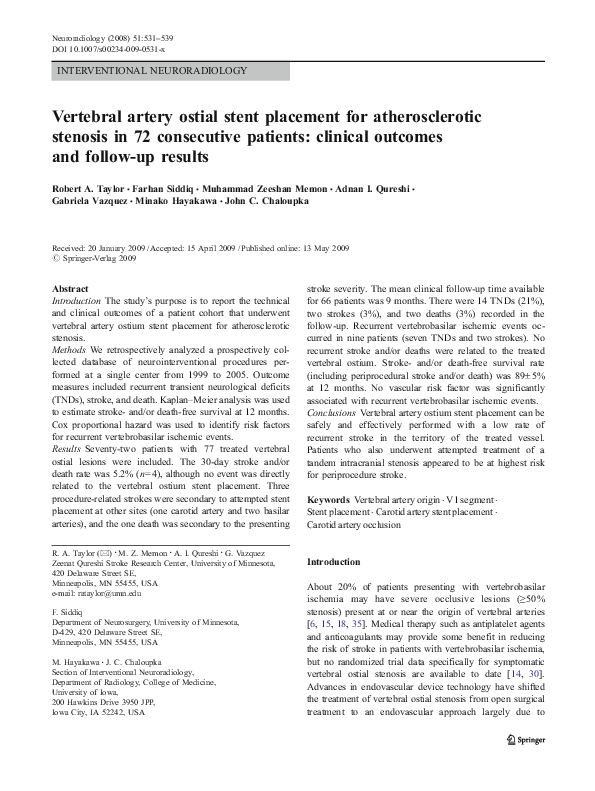 (PDF) Vertebral artery ostial stent placement for atherosclerotic ...
