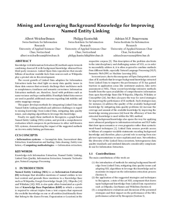 (PDF) Mining and Leveraging Background Knowledge for Improving Named Entity Linking