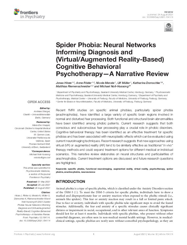 (PDF) Spider Phobia: Neural Networks Informing Diagnosis and (Virtual ...