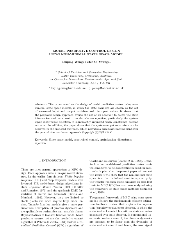 (PDF) Model predictive control design using non-minimal state space ... (PDF) Model predictive control design using non-minimal state space ...