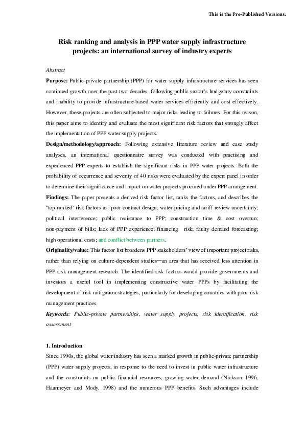 (PDF) Risk ranking and analysis in PPP water supply infrastructure projects