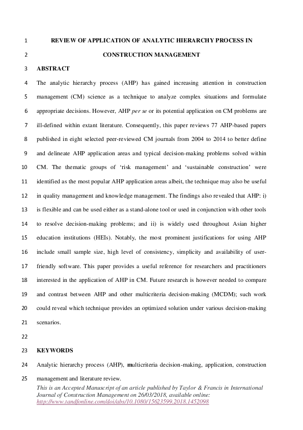 Pdf Review Of Application Of Analytic Hierarchy Process Ahp In