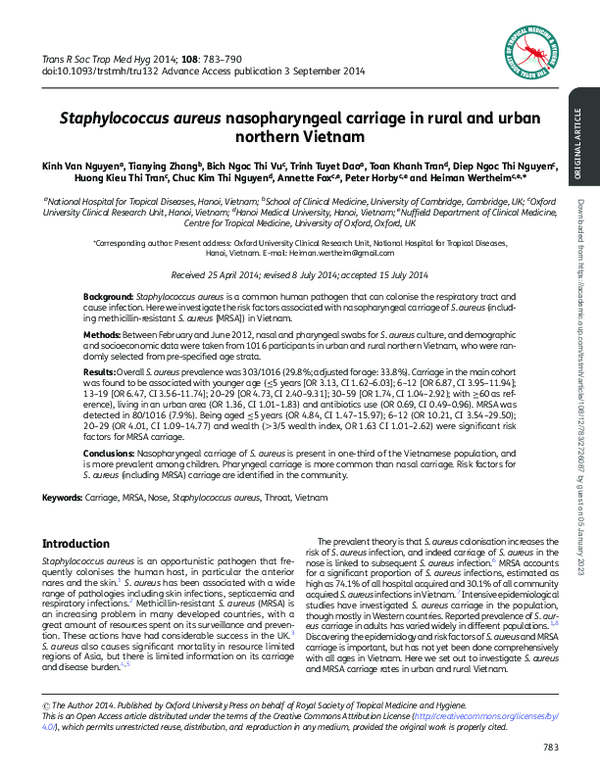 (PDF) Staphylococcus aureus nasopharyngeal carriage in rural and urban ...