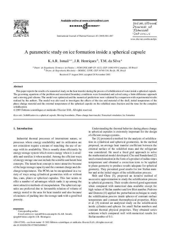 (PDF) A parametric study on ice formation inside a spherical capsule