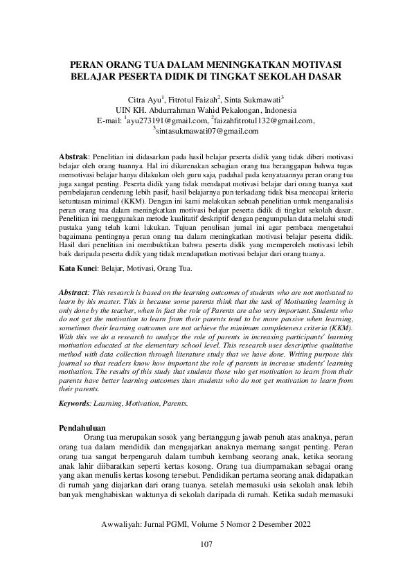 (PDF) Peran Orang Tua dalam Meningkatkan Motivasi Belajar Peserta Didik di Tingkat Sekolah Dasar ...