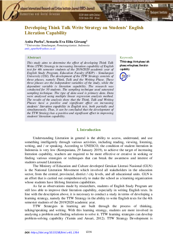 (PDF) Developing Think Talk Write Strategy on Students’ English Literation Capability