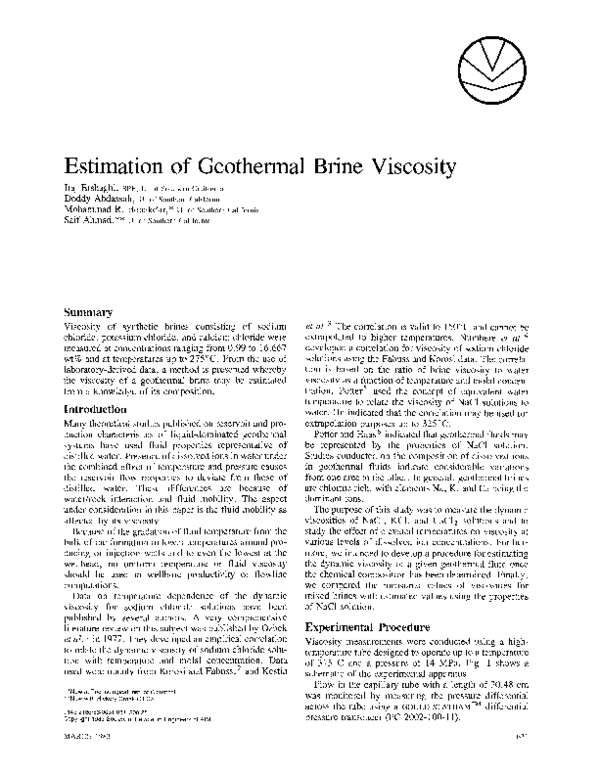(PDF) Estimation of Geothermal Brine Viscosity