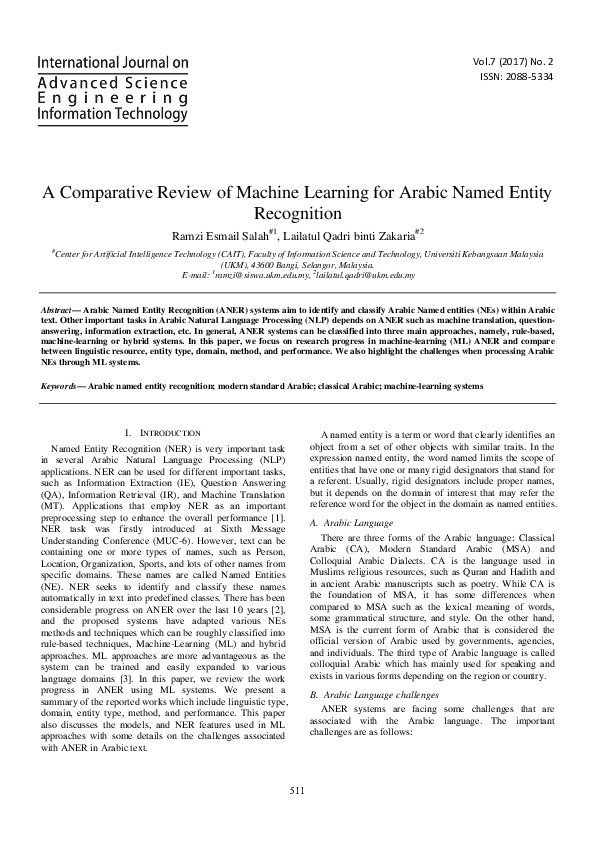 (PDF) Machine Learning in Arabic Named Entity Recognition