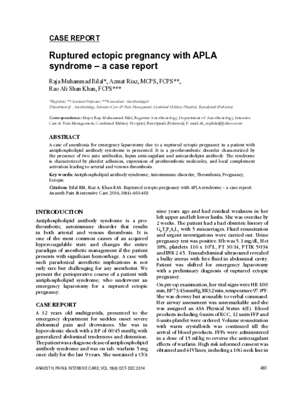 (PDF) Ruptured ectopic pregnancy with APLA syndrome - a case report ...