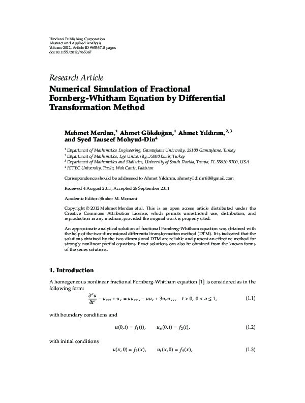 (PDF) Numerical Simulation of Fractional Fornberg-Whitham Equation by Differential ...