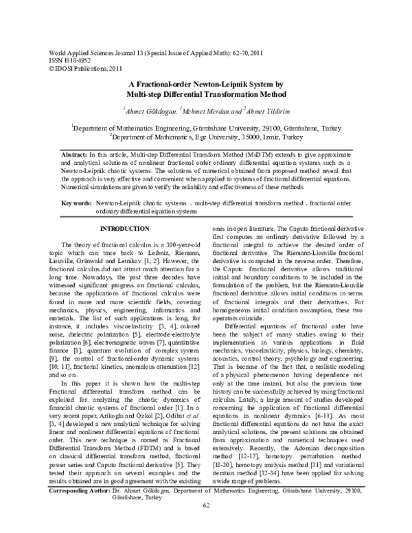 (PDF) A Fractional-order Newton-Leipnik System by Multi-step Differential Transformation Method