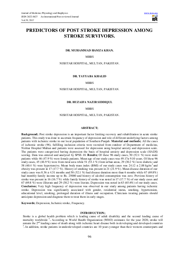 (PDF) Predictors of Post Stroke Depression Among Stroke Survivors