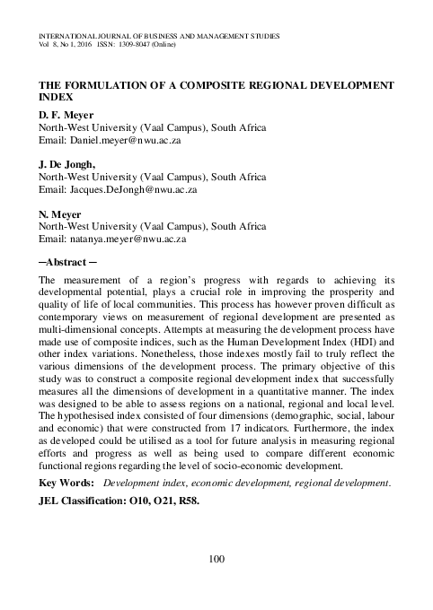 (PDF) The Formulation of a Composite Regional Development Index