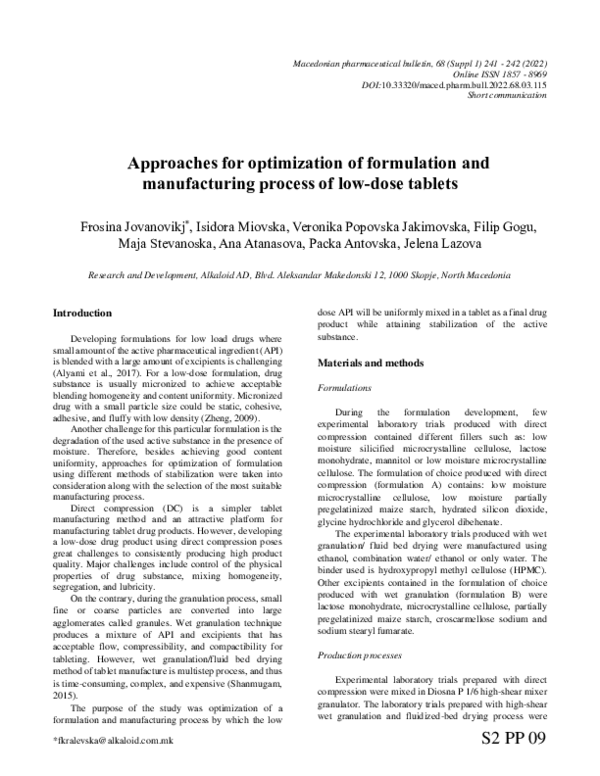 (PDF) Approaches for optimization of formulation and manufacturing ...
