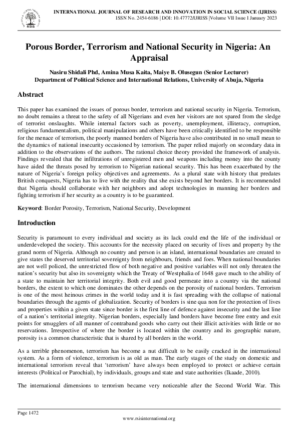(PDF) Porous Border, Terrorism and National Security in Nigeria: An ...