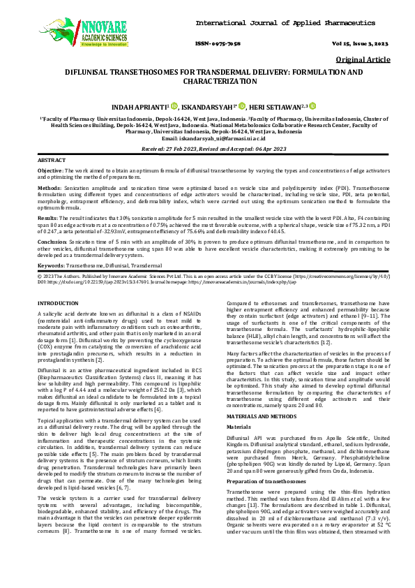 (PDF) Diflunisal Transethosomes for Transdermal Delivery: Formulation ...