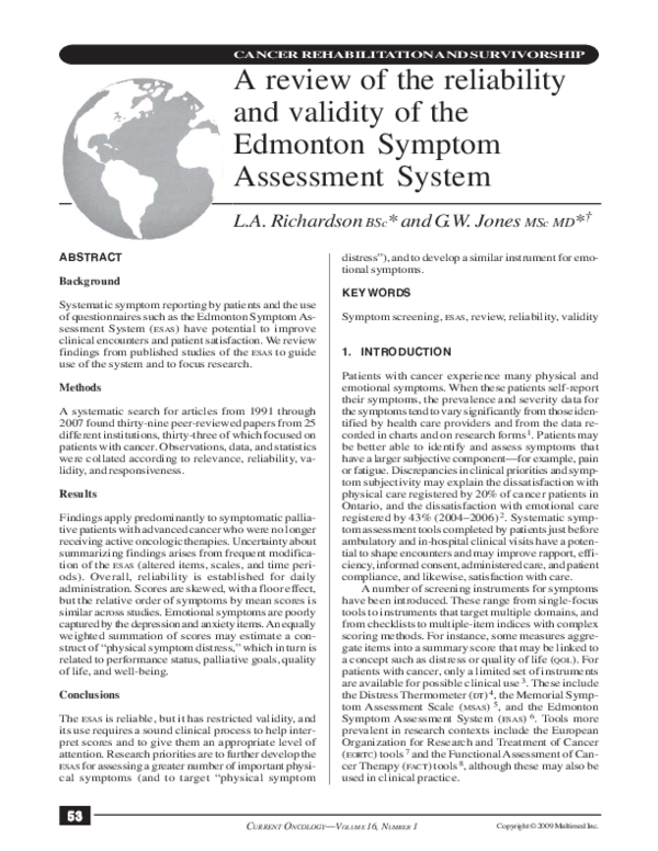 (PDF) A Review of the Reliability and Validity of the Edmonton Symptom ...
