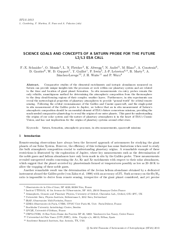 (PDF) Science goals and concepts of a Saturn probe for the future L2/L3 ESA call