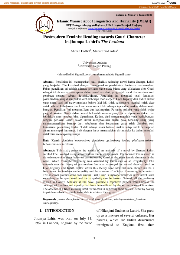 (PDF) Postmodern Feminist Reading towards Gauri Character In Jhumpa ...