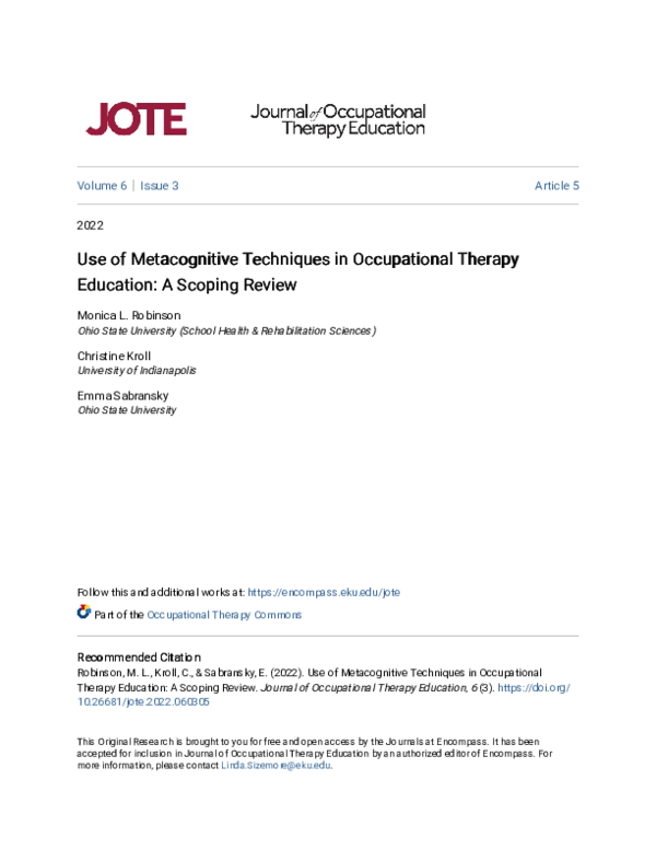(PDF) Use of Metacognitive Techniques in Occupational Therapy Education: A Scoping Review