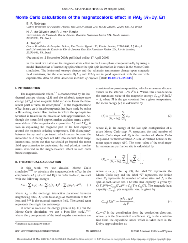 (PDF) Monte Carlo calculations of the magnetocaloric effect in RAl2 (R=Dy,Er)