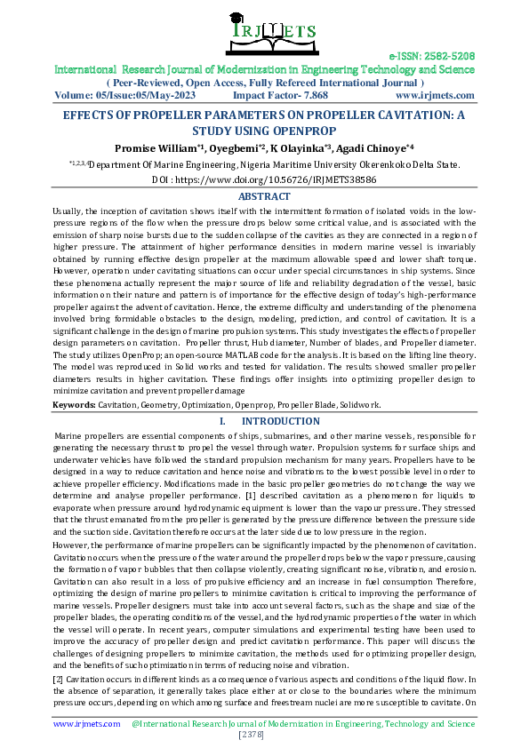 (PDF) EFFECTS OF PROPELLER PARAMETERS ON PROPELLER CAVITATION: A STUDY USING OPENPROP