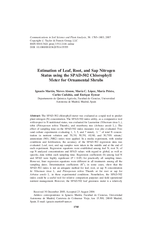 (PDF) Estimation of Leaf, Root, and Sap Nitrogen Status using the SPAD‐502 Chlorophyll Meter for ...