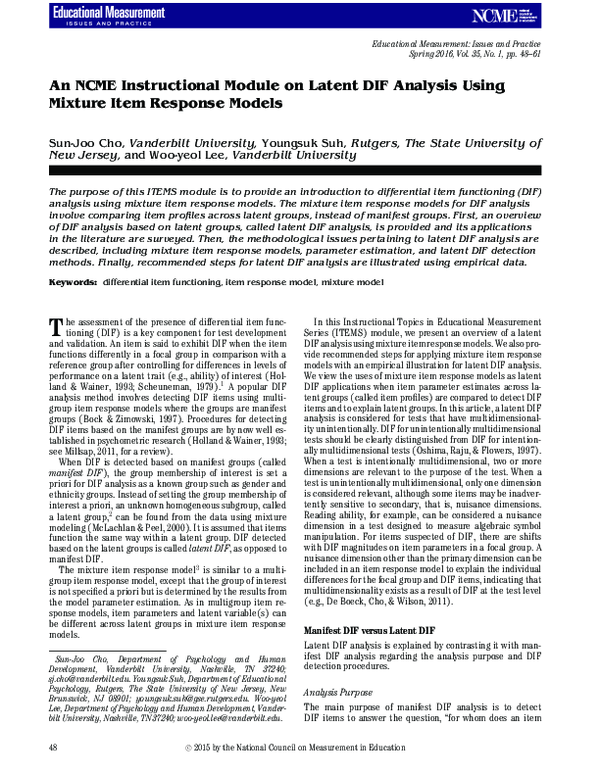 (PDF) An NCME Instructional Module on Latent DIF Analysis Using Mixture Item Response Models