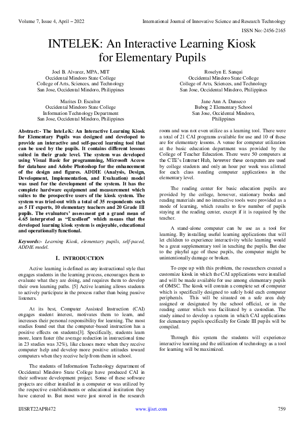 (PDF) INTELEK: An Interactive Learning Kiosk for Elementary Pupils