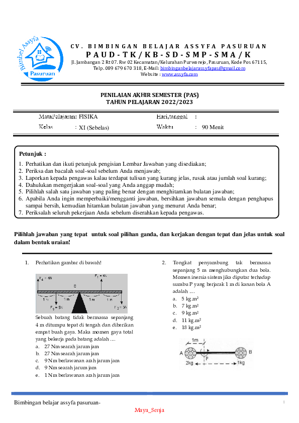 (PDF) Latihan Soal PAS FISIKA SMA kelas XI Genap 2022/2023