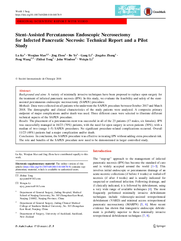 Stent-Assisted Percutaneous Endoscopic Necrosectomy for Infected ...