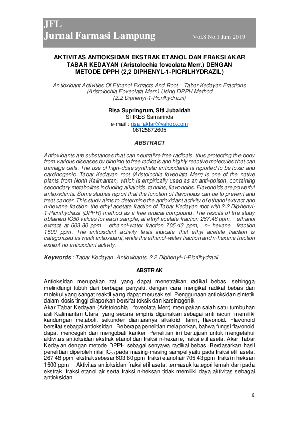 (PDF) AKTIVITAS ANTIOKSIDAN EKSTRAK ETANOL DAN FRAKSI AKAR TABAR ...