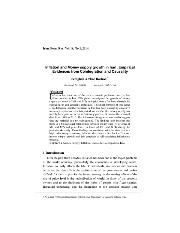 Pdf Inflation And Money Supply Growth In Iran Empirical Evidences From Cointegration And