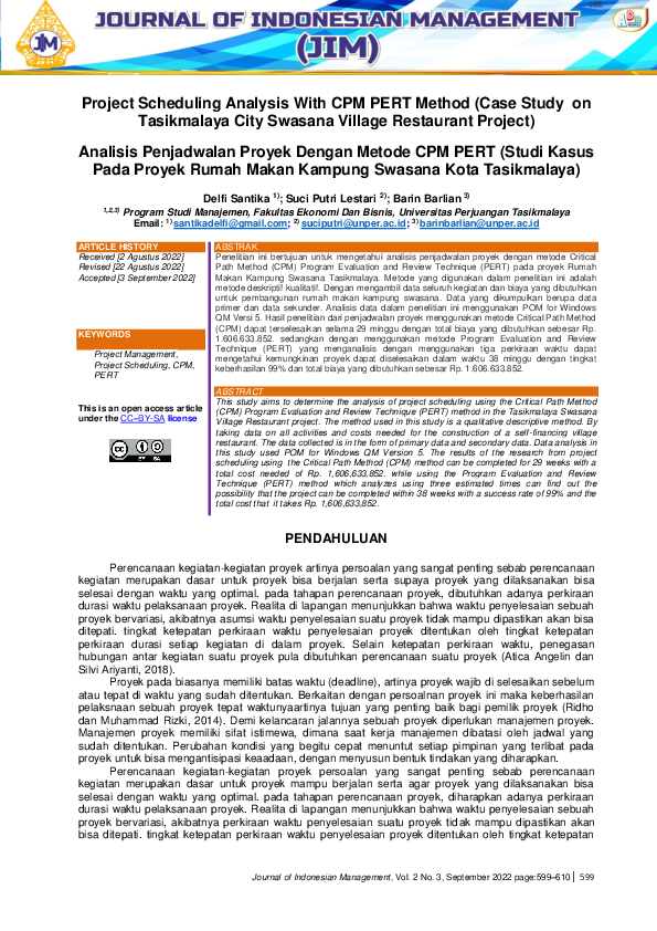 (PDF) Project Scheduling Analysis With CPM PERT Method (Case Study on Tasikmalaya City Swasana ...