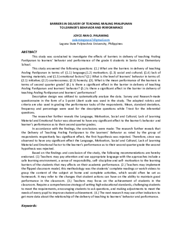 (DOC) BARRIERS IN DELIVERY OF TEACHING ARALING PANLIPUNAN TO LEARNER'S BEHAVIOR AND PERFORMANCE