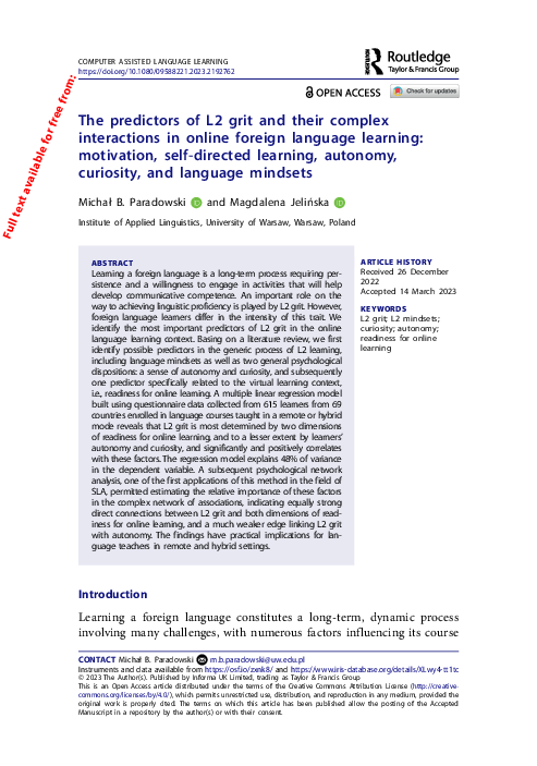 (PDF) The predictors of L2 grit and their complex interactions in ...