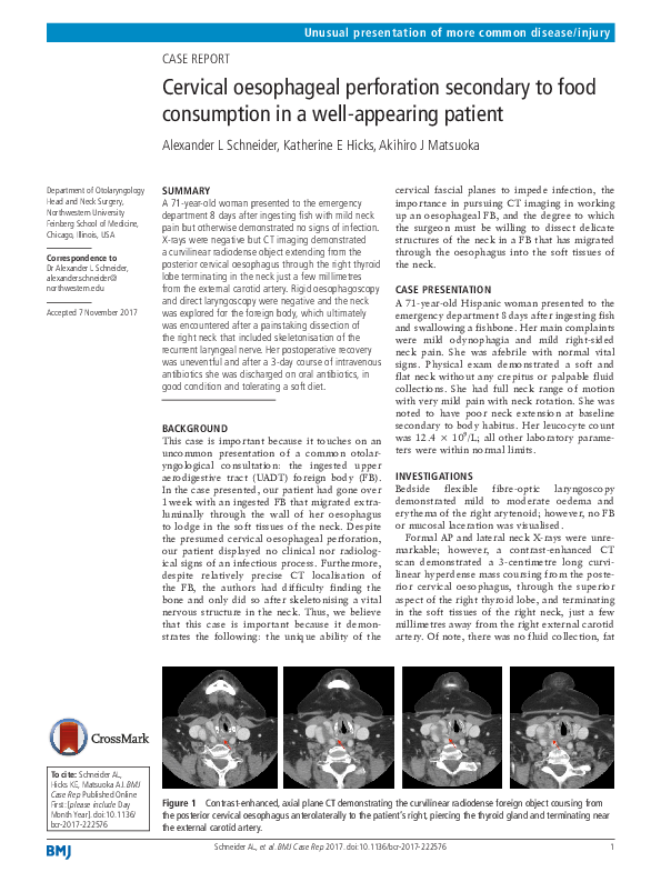 (PDF) Cervical oesophageal perforation secondary to food consumption in ...