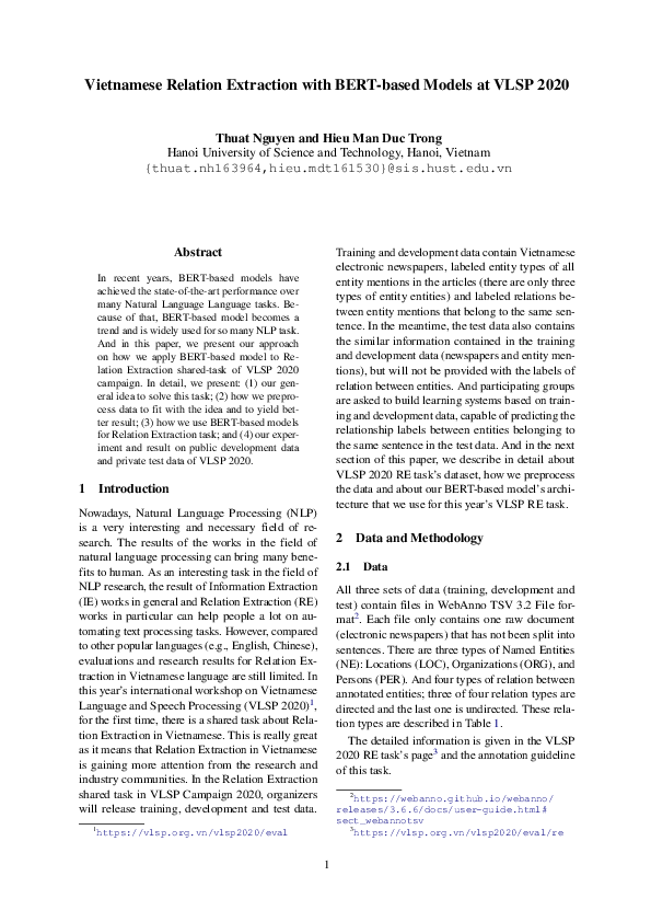 (PDF) Vietnamese Relation Extraction with BERT-based Models at VLSP 2020