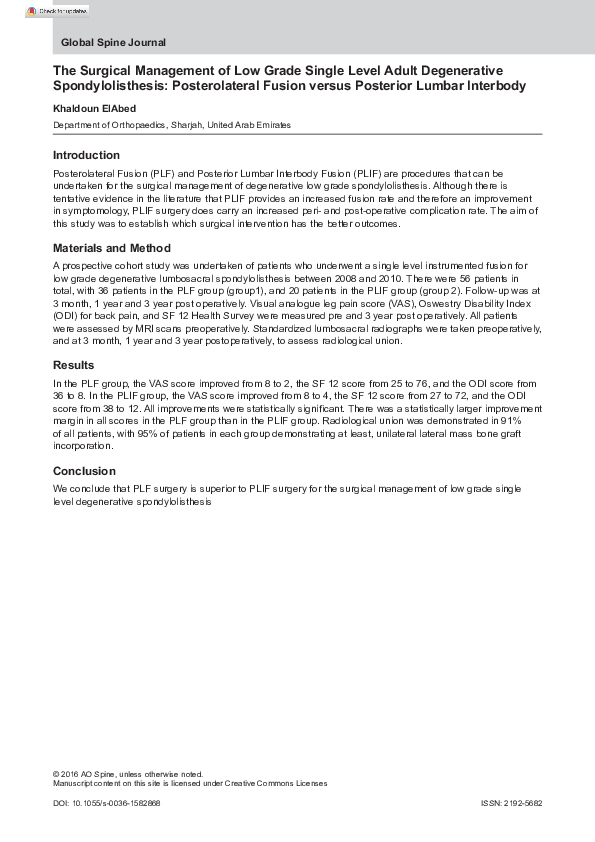 (PDF) The Surgical Management of Low Grade Single Level Adult Degenerative Spondylolisthesis ...