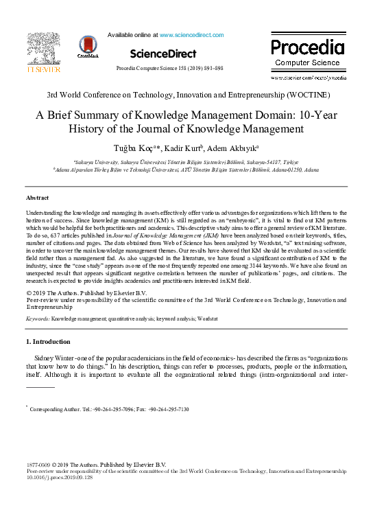 (PDF) A Brief Summary of Knowledge Management Domain: 10-Year History ...