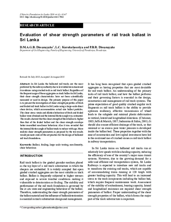 (PDF) Evaluation of shear strength parameters of rail track ballast in Sri Lanka