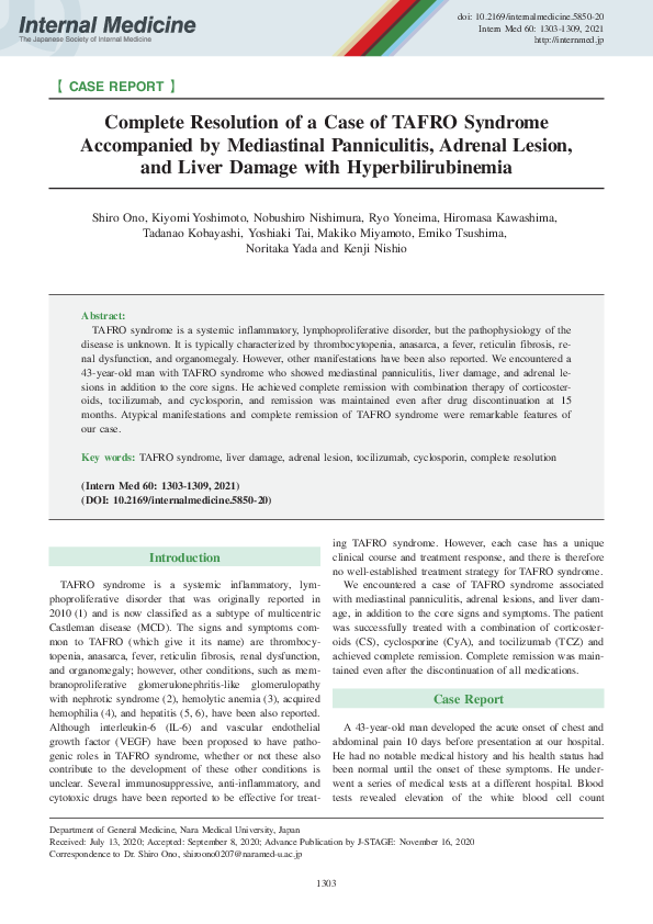 (PDF) Complete Resolution of a Case of TAFRO Syndrome Accompanied by ...