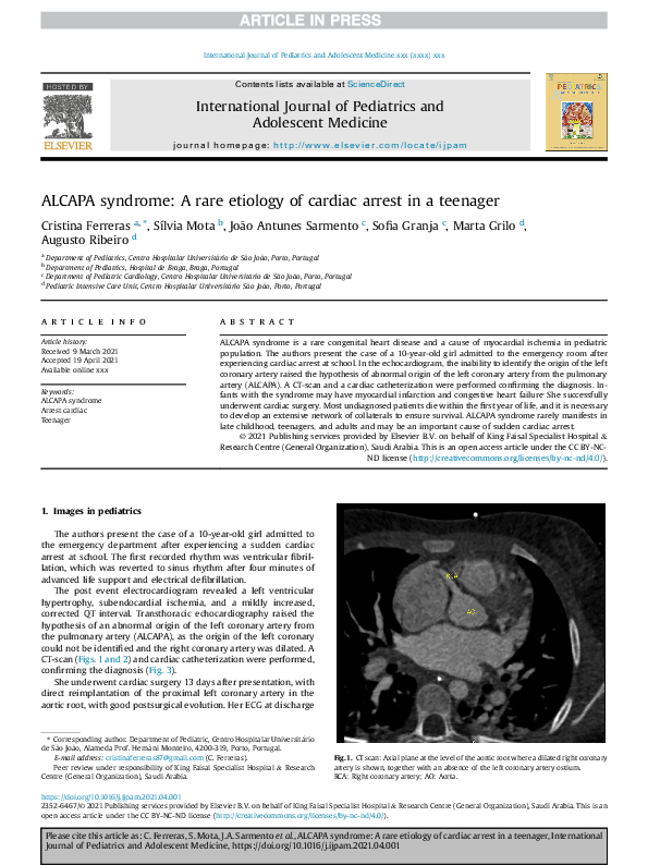 (PDF) ALCAPA syndrome: A rare etiology of cardiac arrest in a teenager